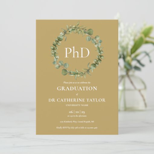 PhD Degree Gold Garland Graduation Party Invitation | Zazzle