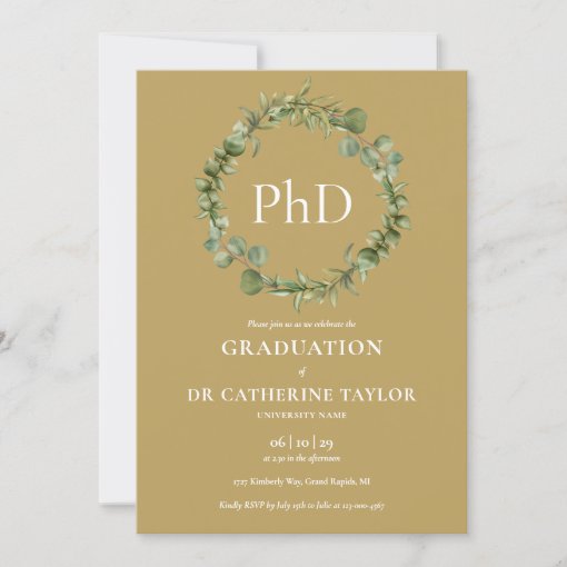 PhD Degree Gold Garland Graduation Party Invitation | Zazzle
