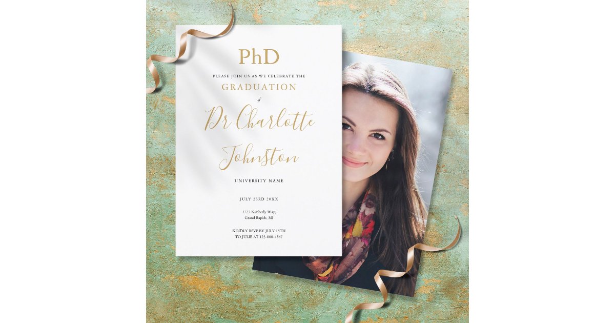 PhD Degree Gold Script Photo Graduation Party Invitation | Zazzle
