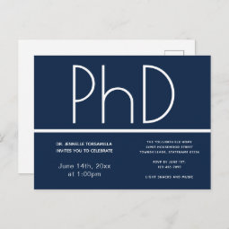 PhD degree Graduation Party Invitation Blue Postcard | Zazzle