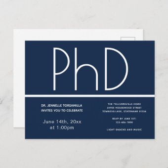 PhD degree Graduation Party Invitation Blue Postcard | Zazzle