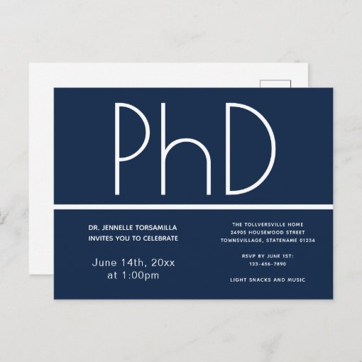 PhD degree Graduation Party Invitation Blue Postcard | Zazzle