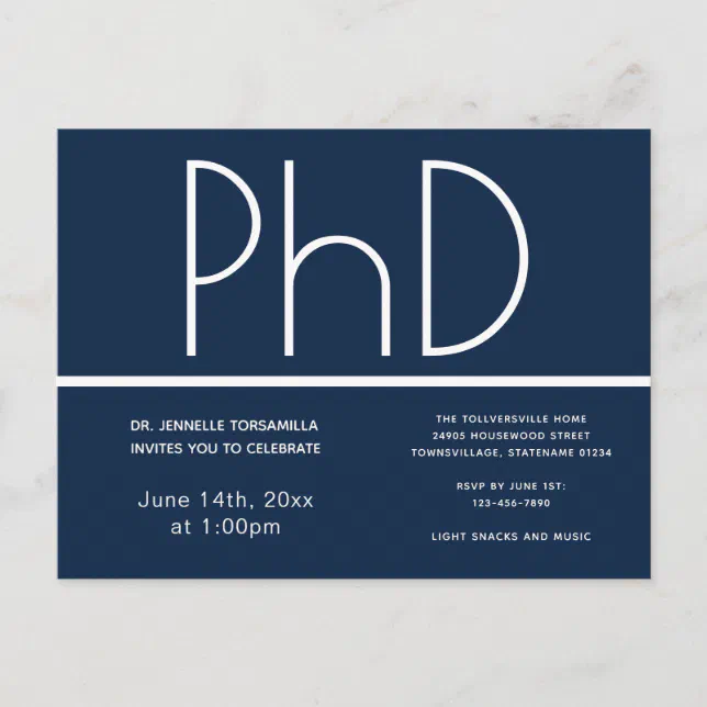 PhD degree Graduation Party Invitation Blue Postcard | Zazzle
