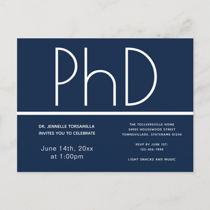 PhD degree Graduation Party Invitation Blue Postcard | Zazzle