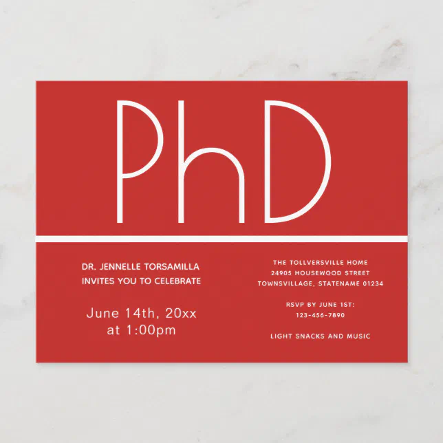 PhD degree Graduation Party Invitation Postcard | Zazzle