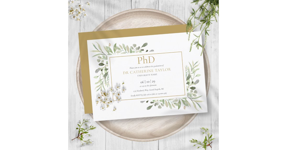 Phd Degree Greenery Foliage Gold Graduation Invitation | Zazzle