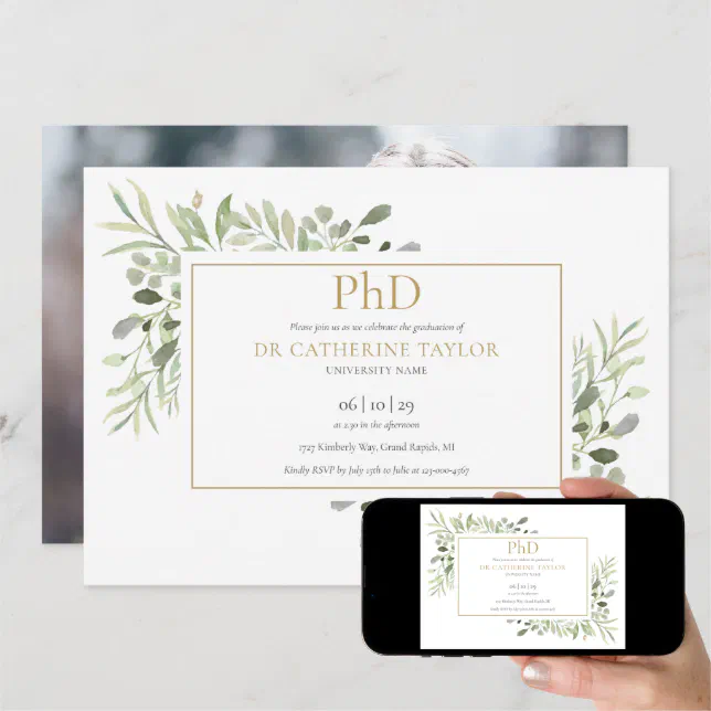 Phd Degree Greenery Foliage Photo Graduation Invitation | Zazzle