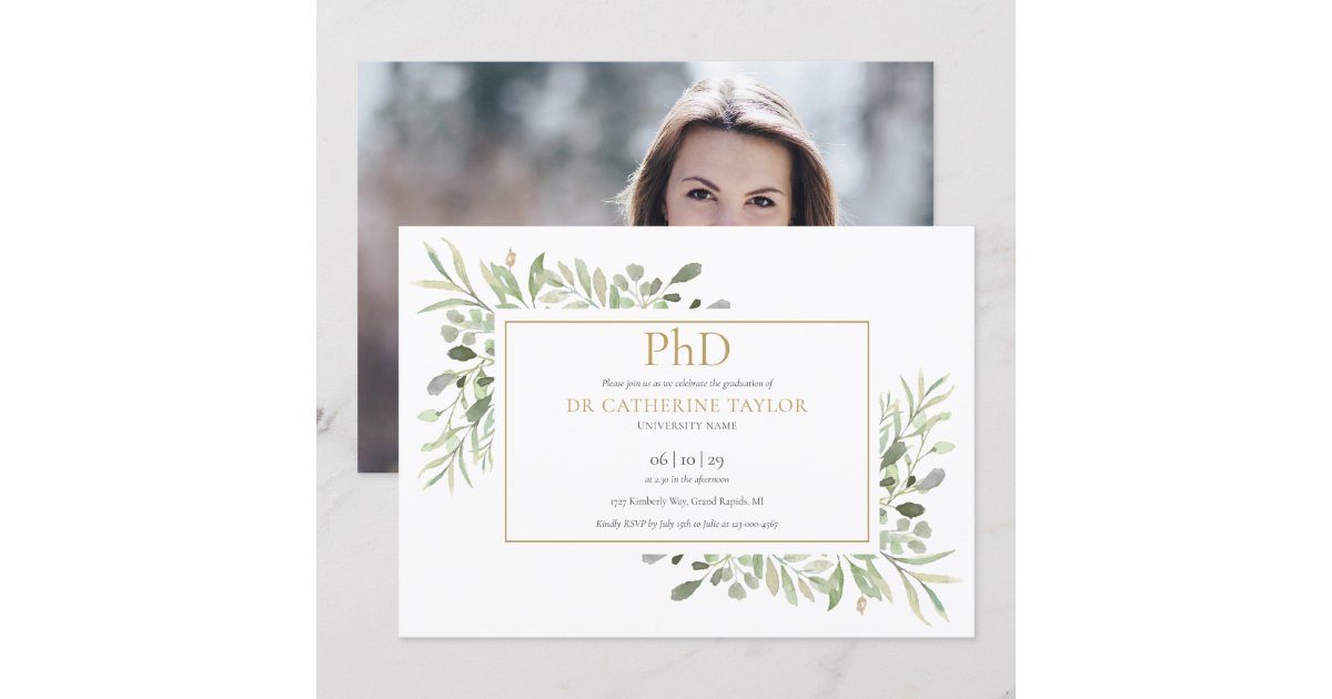 Phd Degree Greenery Foliage Photo Graduation Invitation | Zazzle