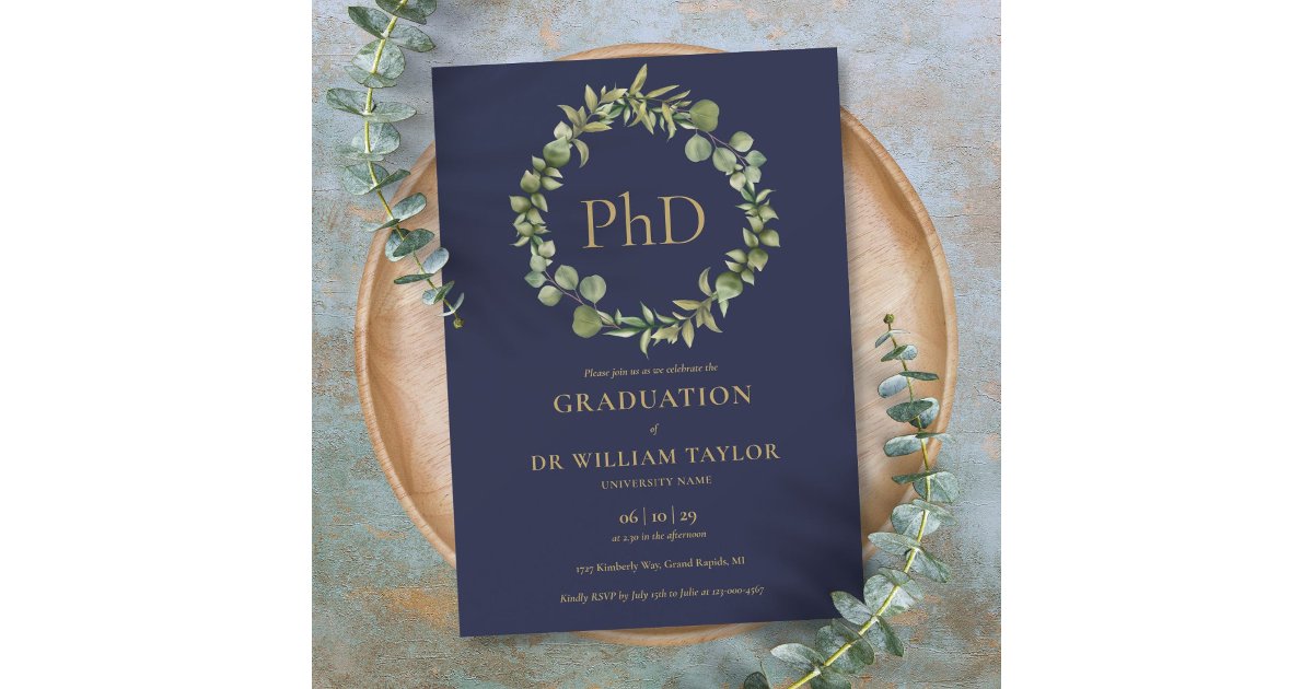 PhD Degree Navy Blue Garland Graduation Party Invitation | Zazzle