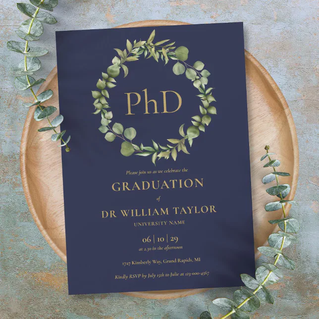 PhD Degree Navy Blue Garland Graduation Party Invitation | Zazzle