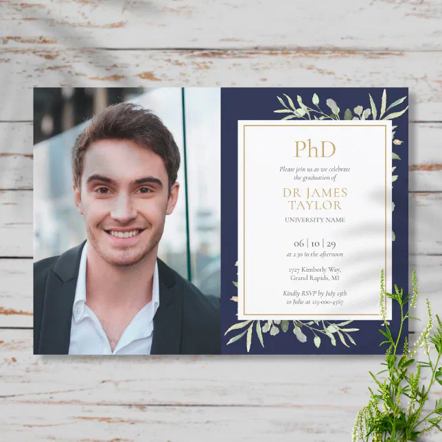 PhD Degree Navy Blue Greenery Graduation Photo Invitation | Zazzle