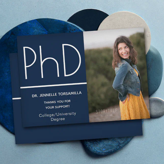 PhD degree Photo Announcement Blue White | Zazzle