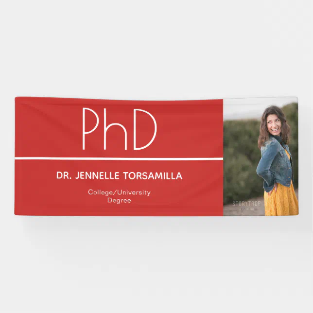 PhD degree Red White Graduation Photo Celebration Banner | Zazzle