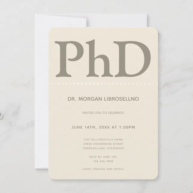 PhD degree Tan Khaki Graduation Party Invitation | Zazzle