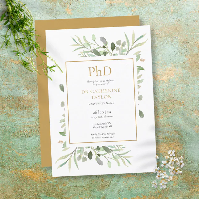 Phd Degree Watercolor Greenery Gold Graduation Invitation | Zazzle