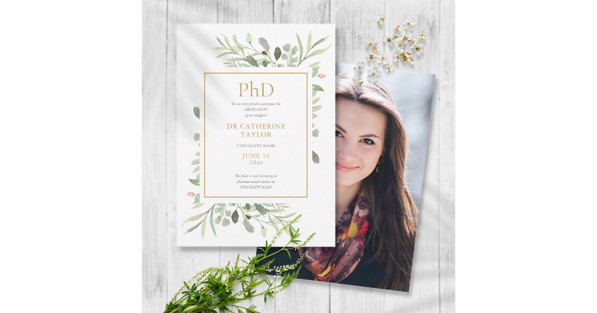 Phd Degree Watercolor Greenery Photo Graduation Announcement | Zazzle