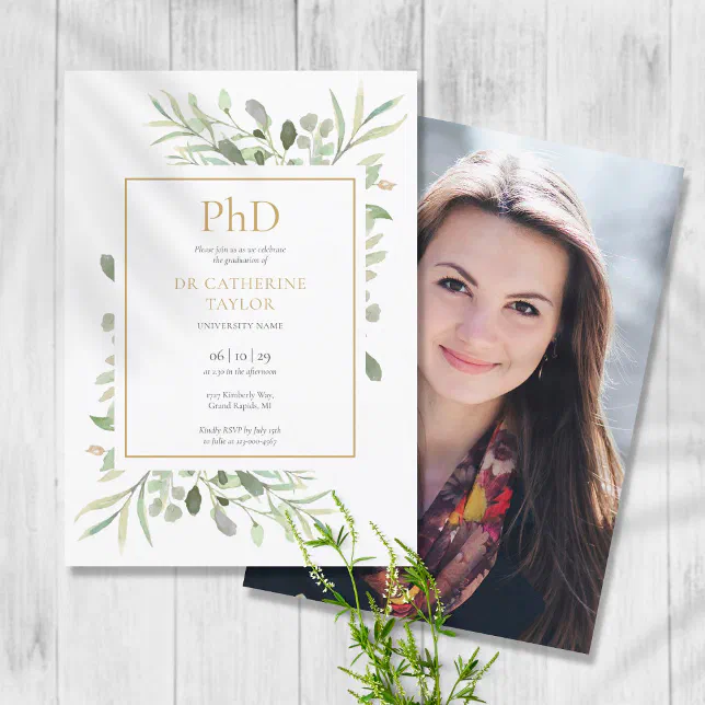 Phd Degree Watercolor Greenery Photo Graduation Invitation | Zazzle