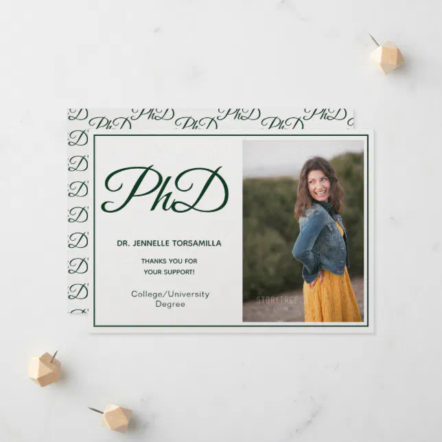 PhD degree White Green Photo Script Announcement | Zazzle