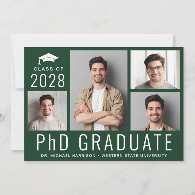 PhD Doctorate 5 Photo Green Graduation Party Invitation | Zazzle