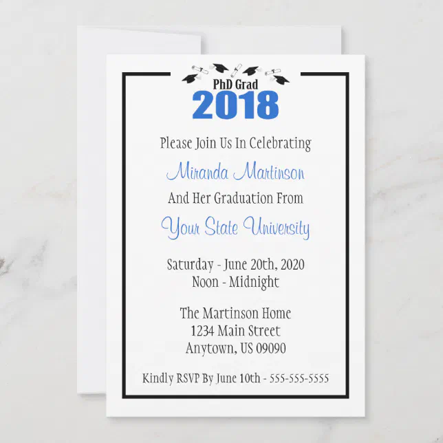 PhD Grad 2018 Graduation Invitation (Blue Caps) | Zazzle