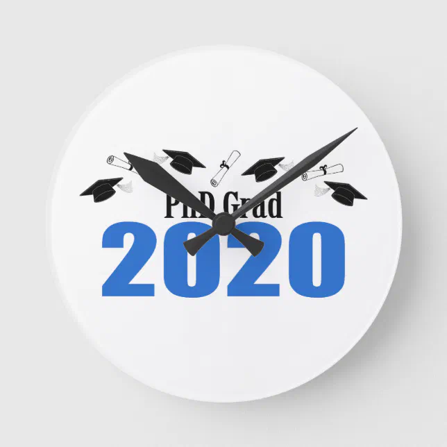 PhD Grad 2020 Caps And Diplomas (Blue) Round Clock | Zazzle