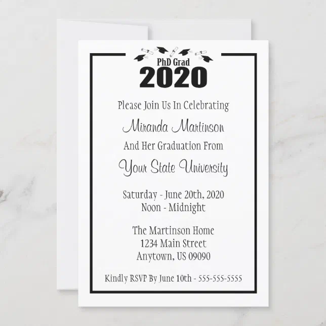 PhD Grad 2020 Graduation Invitation (Black Caps) | Zazzle