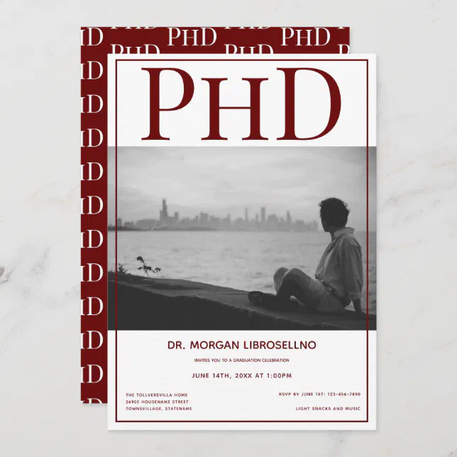 PhD Graduate Photo Burgundy Graduation Party Invitation | Zazzle