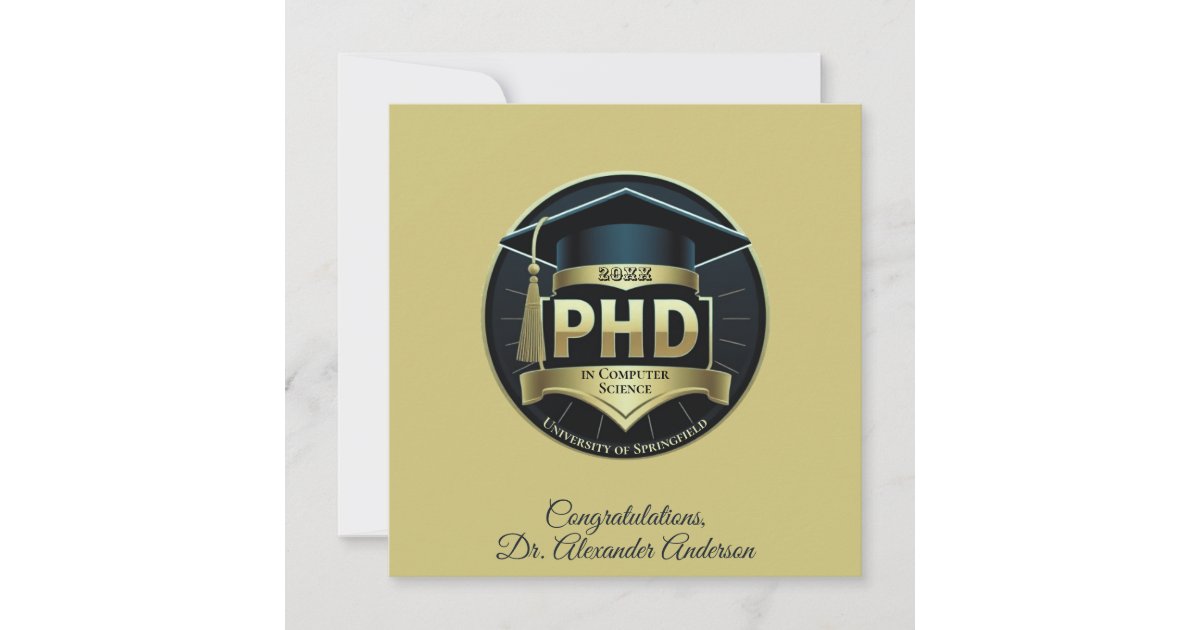 PhD graduation thesis defense gold greeting card | Zazzle
