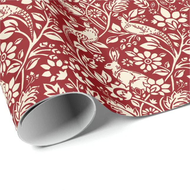 Pheasant and Hare Pattern, Deep Red and Cream Wrapping Paper | Zazzle