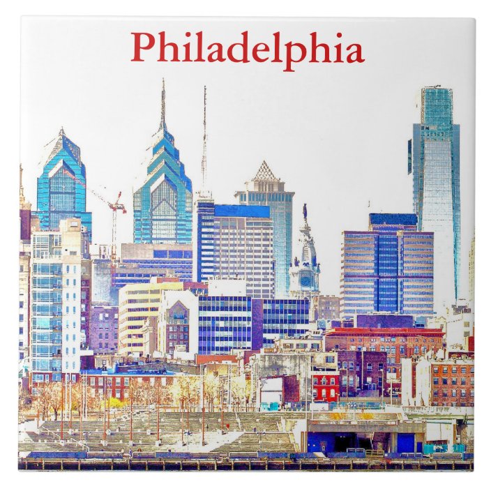 Philadelphia Skyline Color Sketch Tile | Zazzle.com
