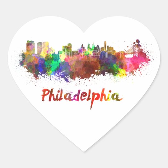 Philadelphia skyline in watercolor heart sticker | Zazzle.com