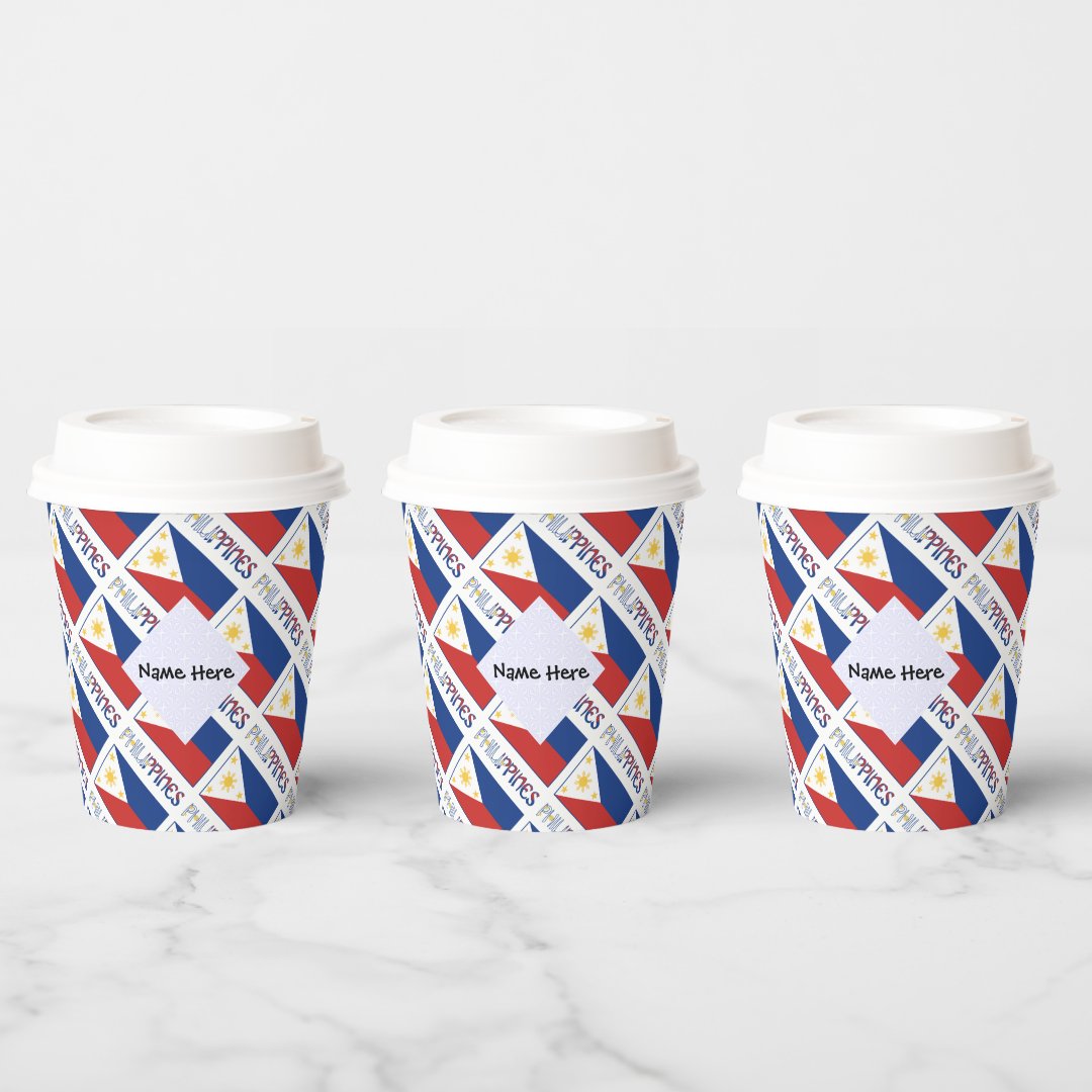 Philippines and Filipino Flag Tiled with Your Name Paper Cups | Zazzle