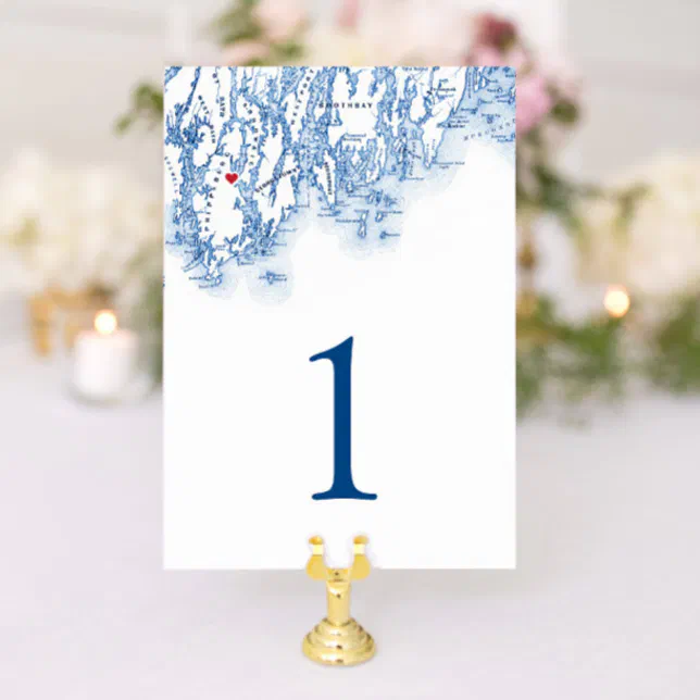 Phippsburg Maine Wedding Elegant Navy Map Table Number | Zazzle