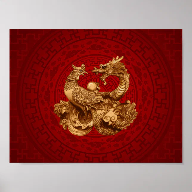 Phoenix and Dragon - on red Poster | Zazzle