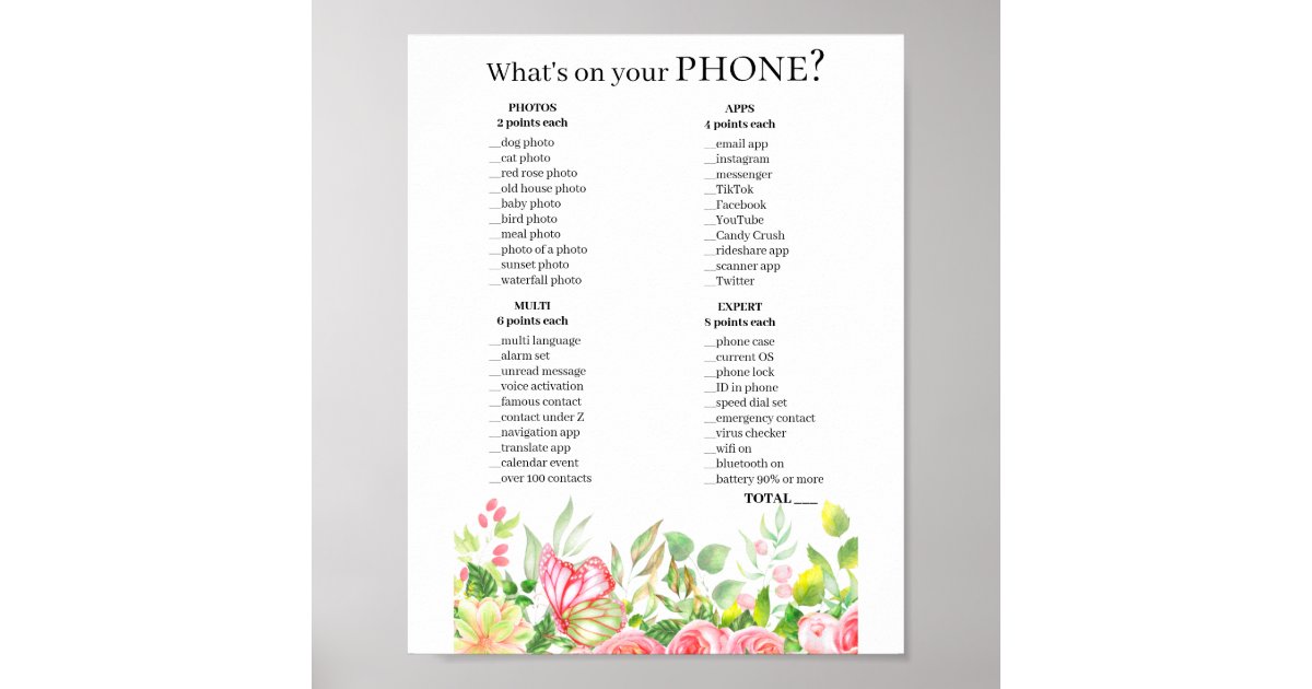 Phone Question Game Bridal Shower Poster | Zazzle
