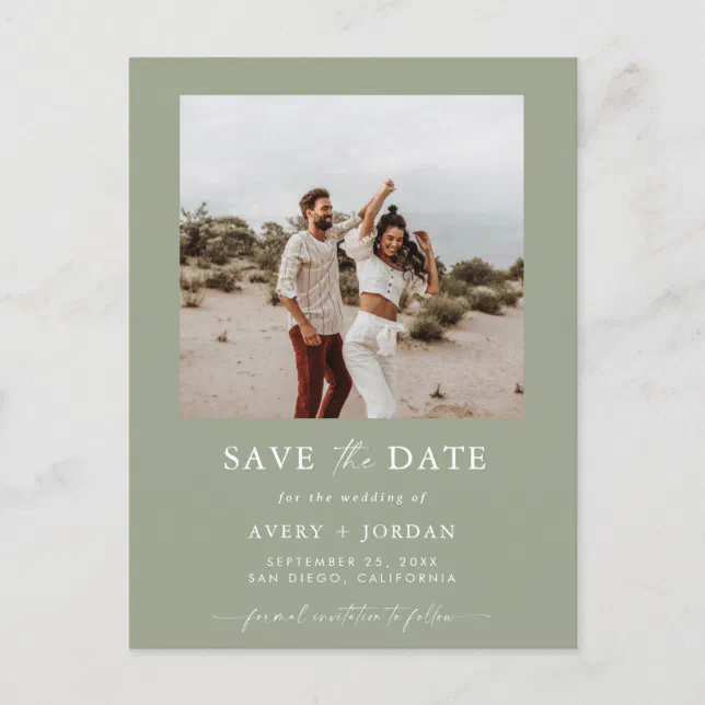 Phot Save the Date, Sage Green Boho Save the Date Postcard | Zazzle
