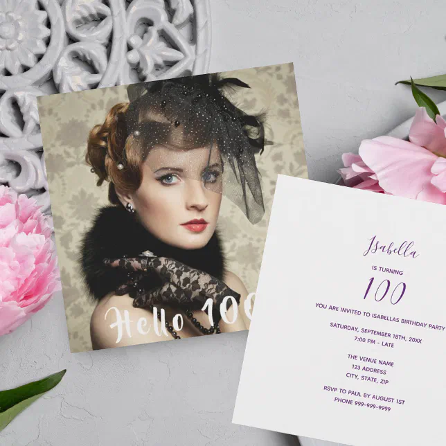 Photo 100th birthday party hello 100 invitation | Zazzle