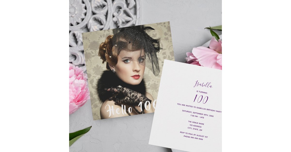 Photo 100th birthday party hello 100 invitation | Zazzle