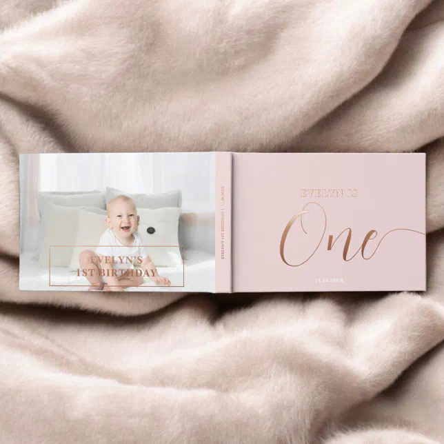 Photo 1st Birthday Script Pink Foil Guest Book | Zazzle