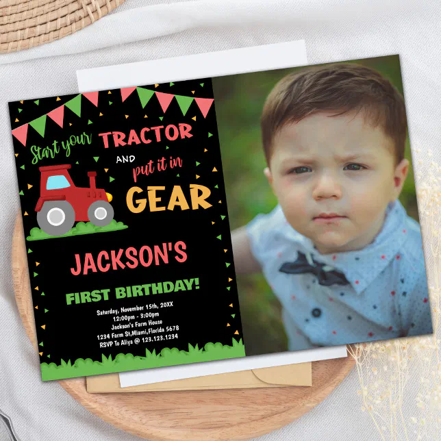Photo 1st Red Flags Tractor Birthday Invitations | Zazzle