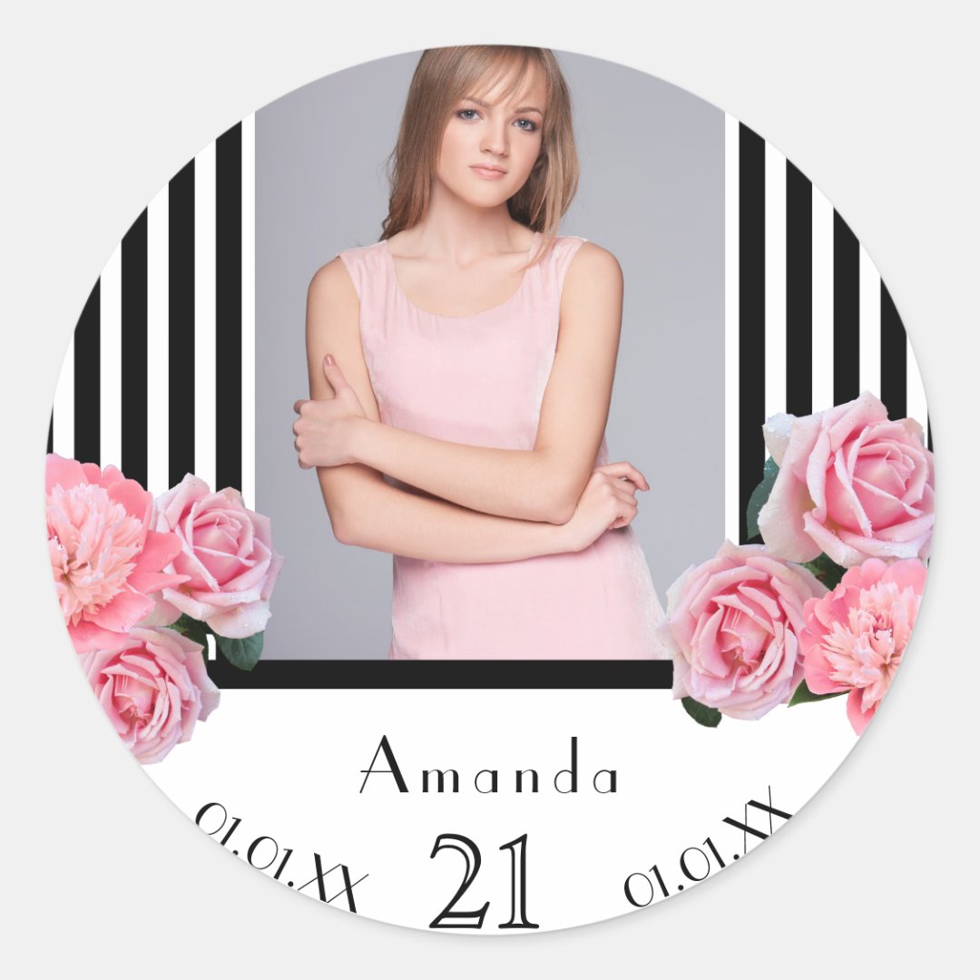 Photo 21st birthday black white stripes florals classic round sticker ...