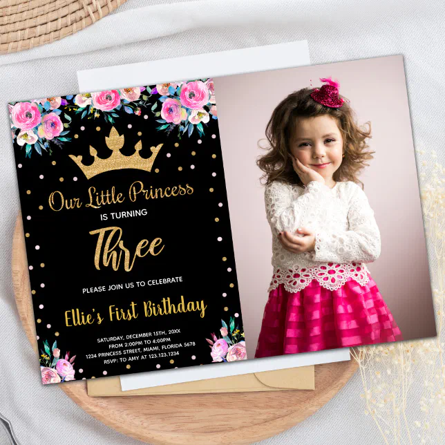 Photo 3rd Floral Crown Glitter Princess Birthday Invitation | Zazzle