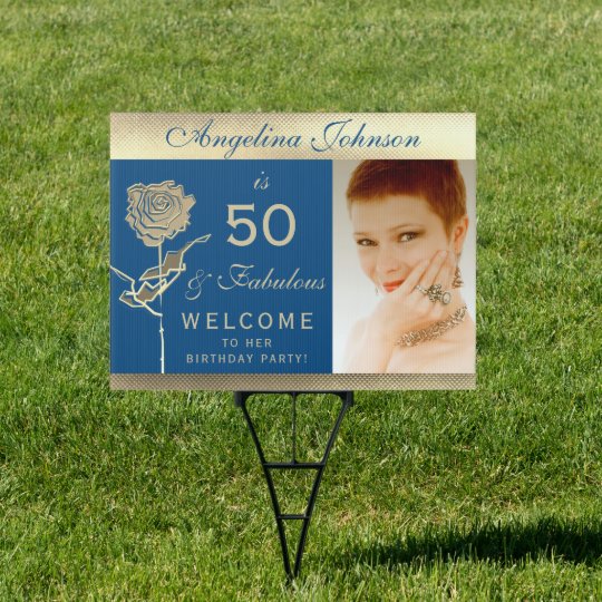 Photo 50 and Fabulous 50th Birthday Blue & Gold Sign | Zazzle.com