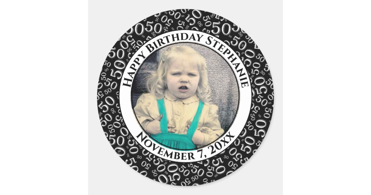 Photo 50th Party Random Number Pattern Black Classic Round Sticker | Zazzle