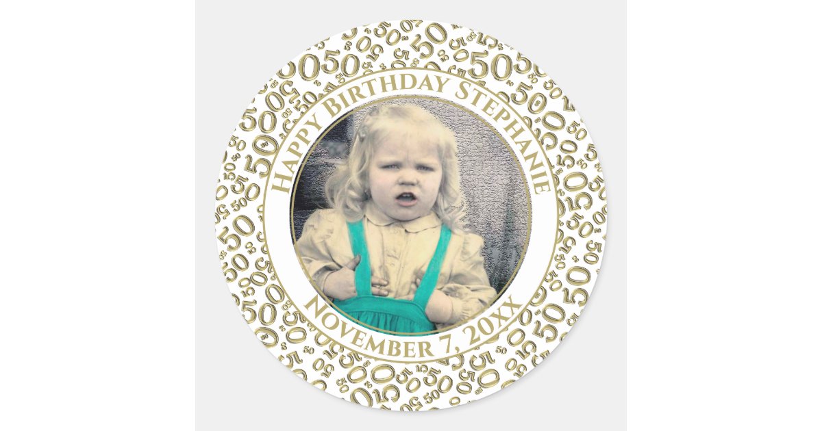 Photo 50th Party Random Number Pattern Gold Classic Round Sticker | Zazzle