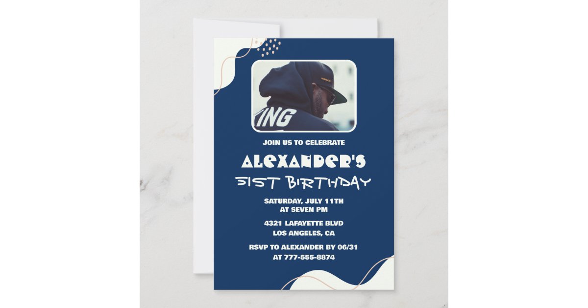 Photo 51st birthday invitations Men Simple navy | Zazzle