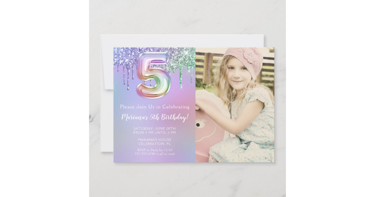 Photo 5th Purple Pink Glitter Birthday Party Invitation | Zazzle