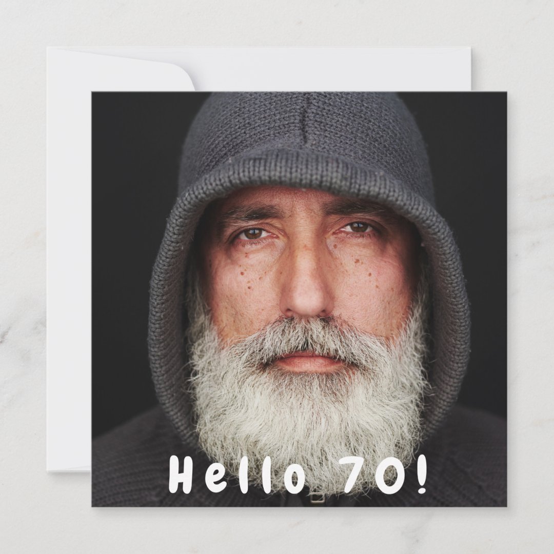 Photo 70th birthday party hello 70 guy white invitation | Zazzle