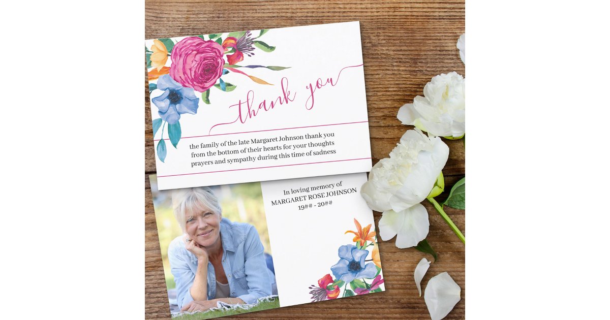 Photo and Colorful Flowers Funeral Thank You Card | Zazzle