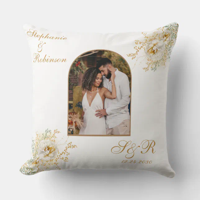 Photo Arch Elegant Gold Floral Monogram Wedding Throw Pillow | Zazzle